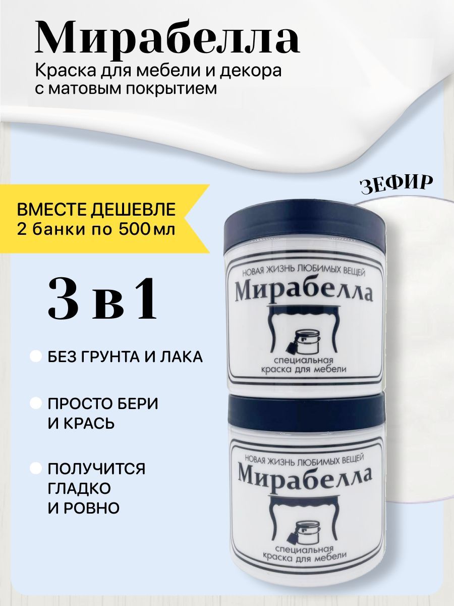 Специальная краска для перекраски мебели Мирабелла Матовая, Зефир, 2 банки по 500 мл, быстросохнущая, на водной основе, без запаха, матовое покрытие, "старый" белый