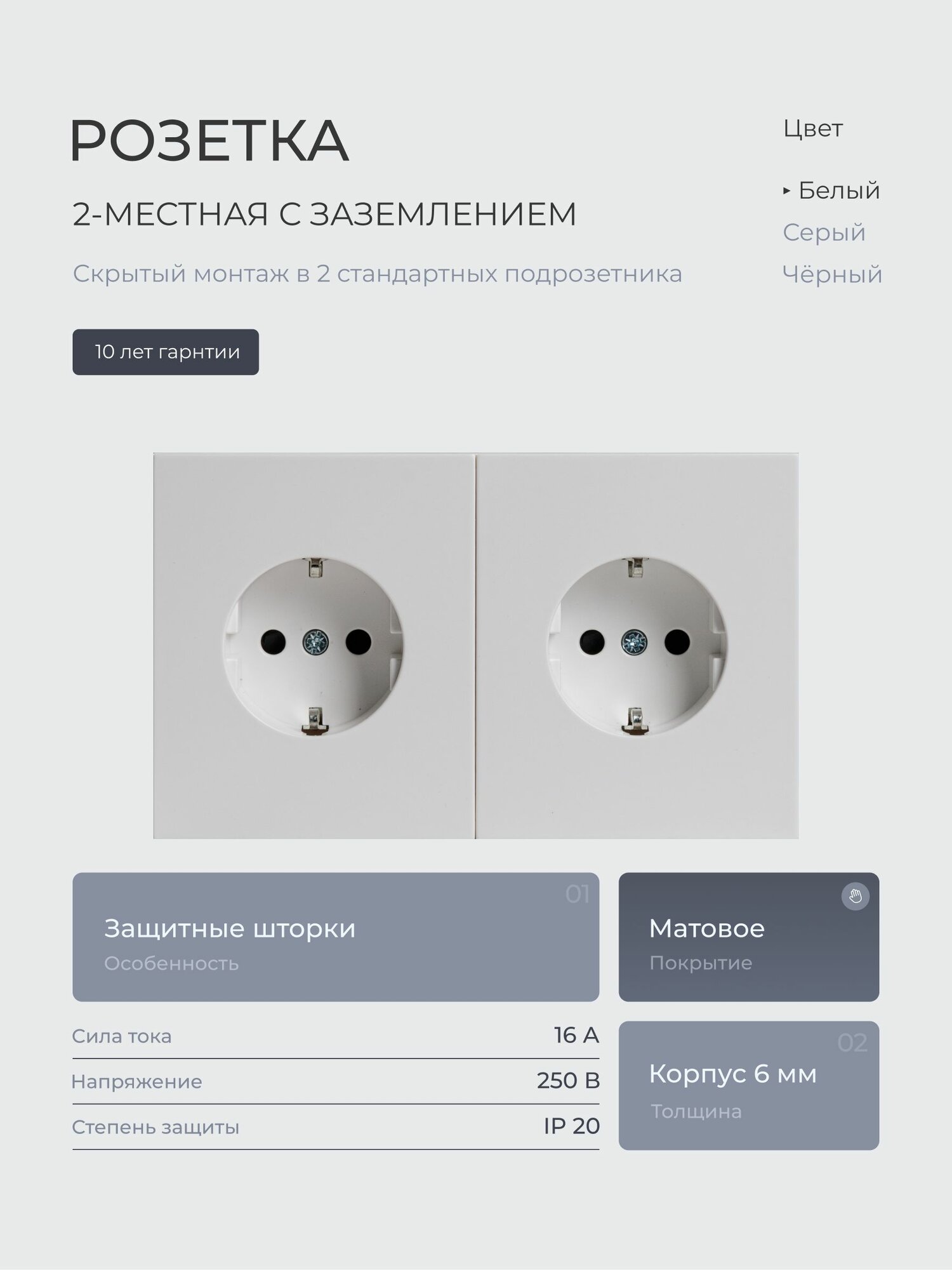 Розетка двойная LAITYS белая матовая, внутренняя с заземлением, с рамкой, 16 А, 250 В