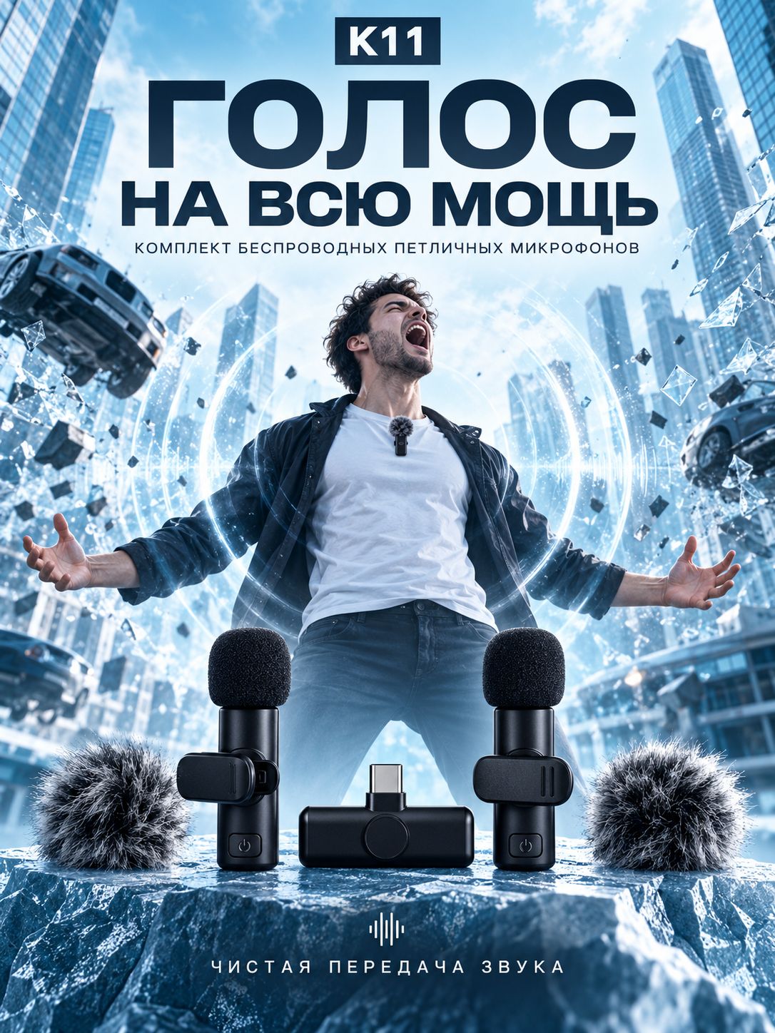 Микрофон петличный для iphone и Android, черный, черный матовый, комплект 2 шт
