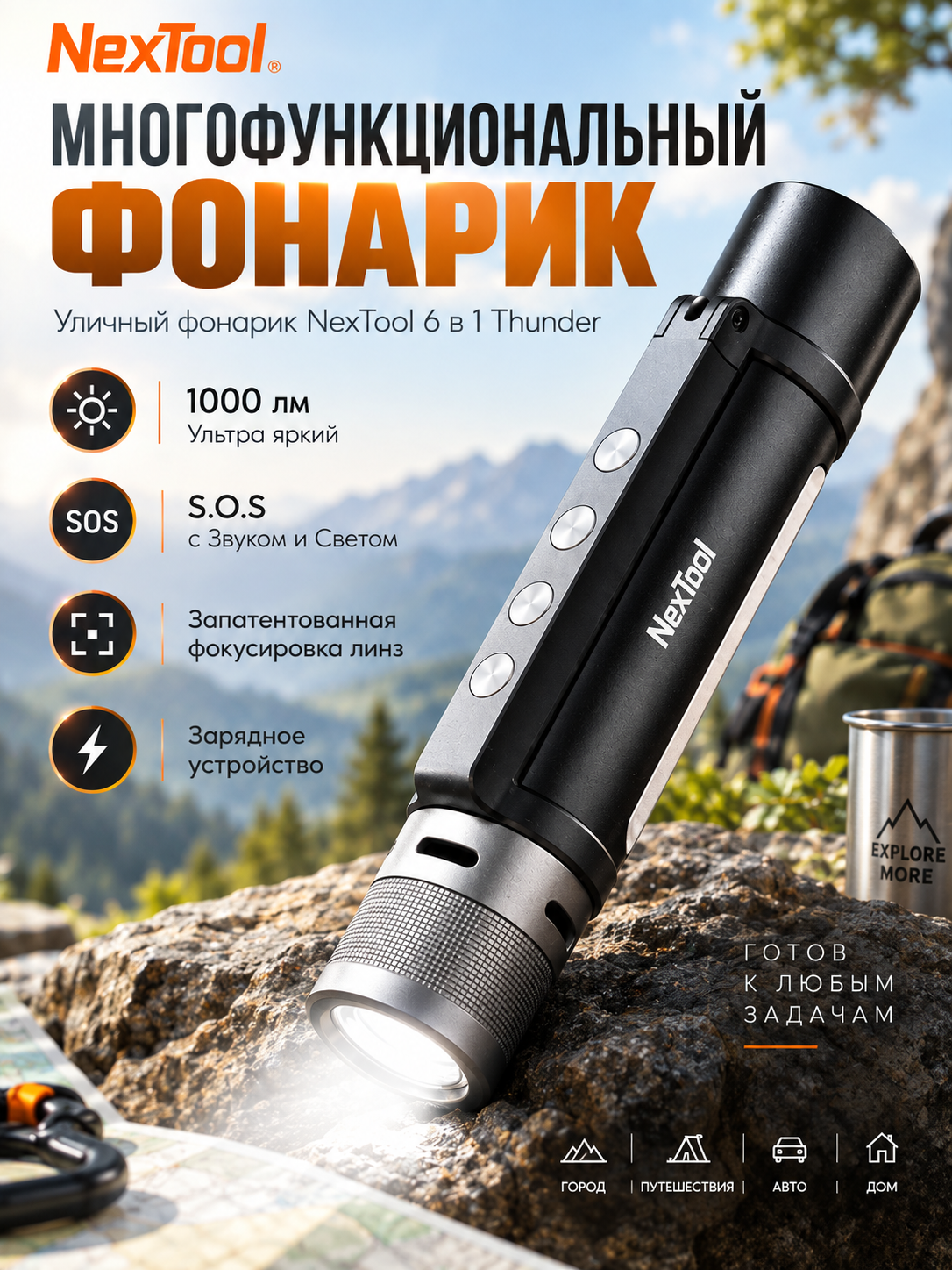 Фонарь яркий туристический многофункциональный 6 в 1 NexTool NE20030