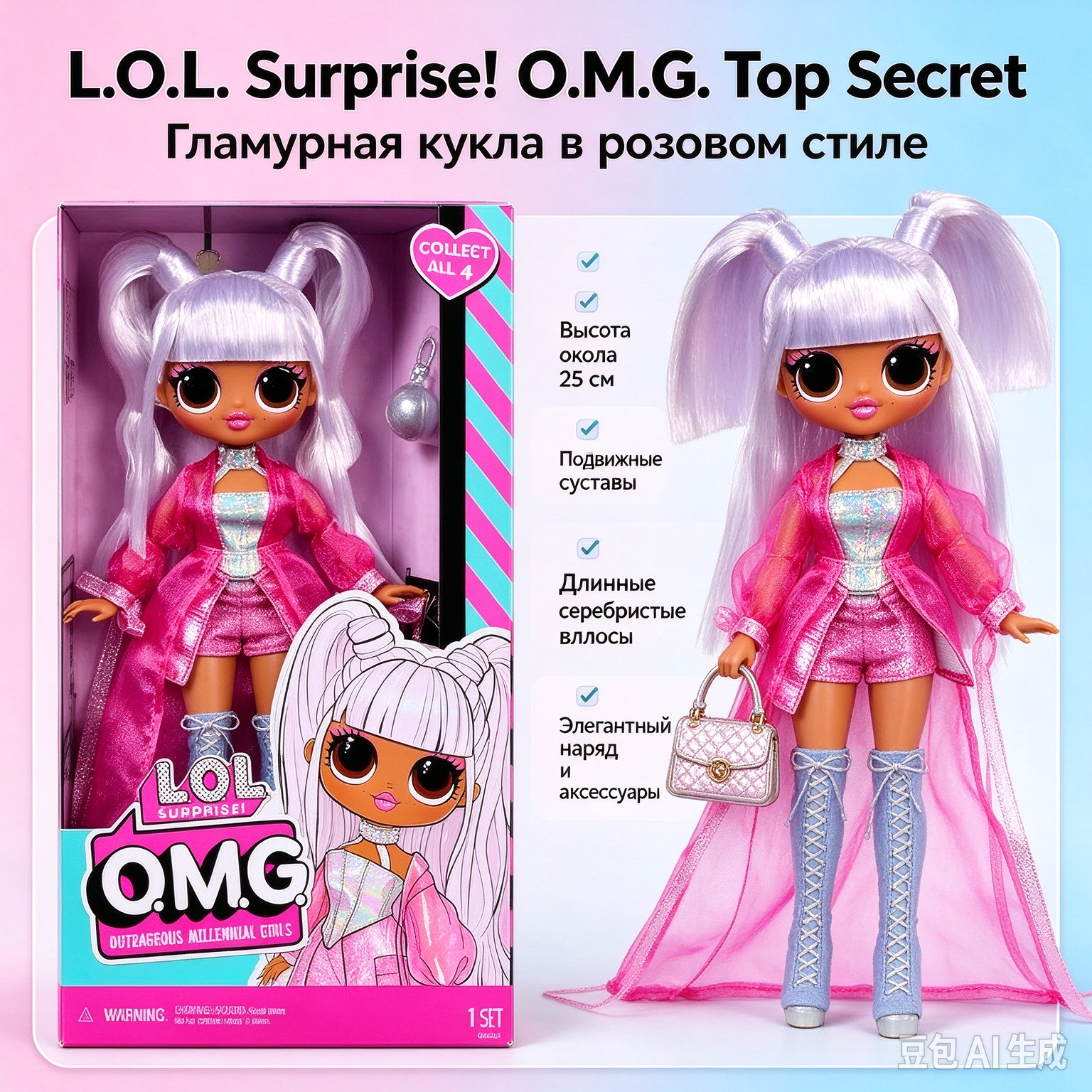 Кукла L.O.L. Surprise! O.M.G. 25 см. Цветные косы, аксессуары, подвижные суставы. Подарок для девочки от 4 лет