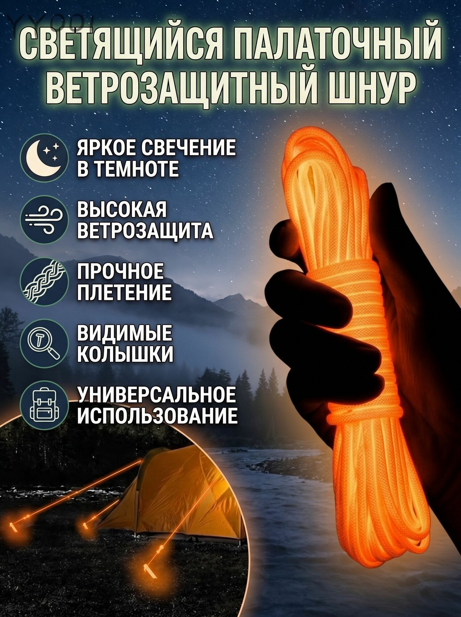 Оттяжка, шнур, веревка, паракорд для палатки светящиеся (светоотражающая) 10 метров.