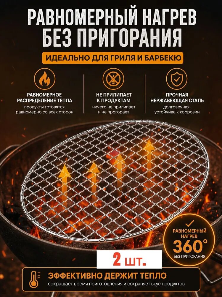 Решетка-гриль нержавеющая сталь, 2 шт, круглая, для мангала и барбекю