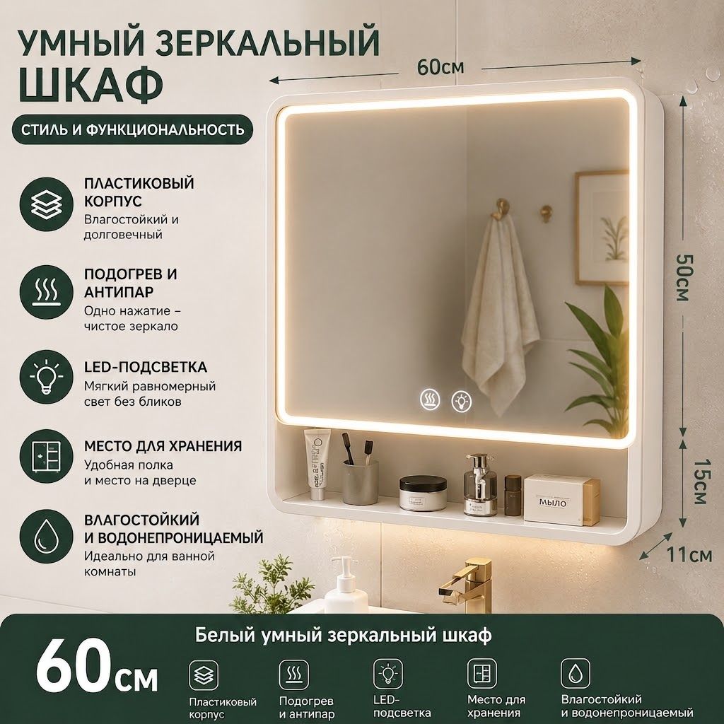 Умный зеркальный шкаф для ванной, LED-подсветка, антизапотевание, углеродистая сталь,65,60, белый,60
