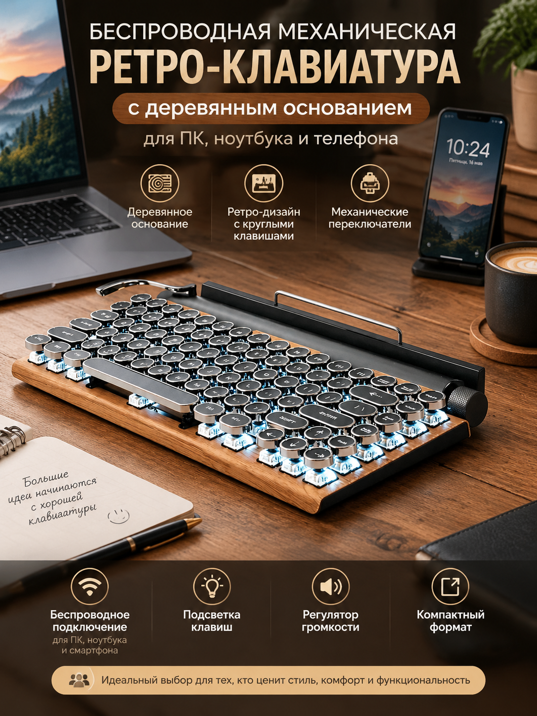 Беспроводная механическая ретро-клавиатура с деревянным основанием для ПК, ноутбука и телефона