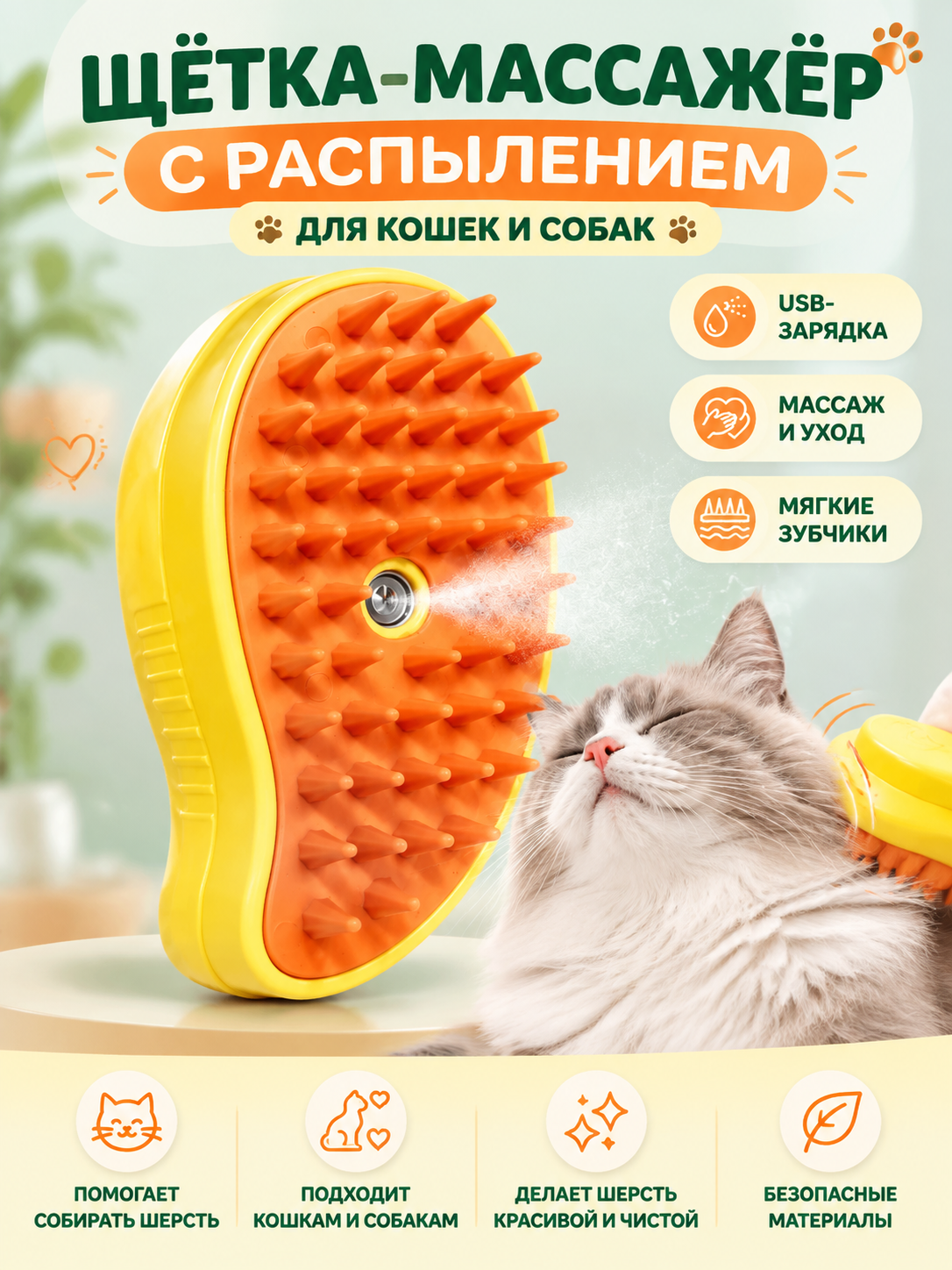 Щётка-массажёр для кошек и собак с распылителем, аккумуляторная