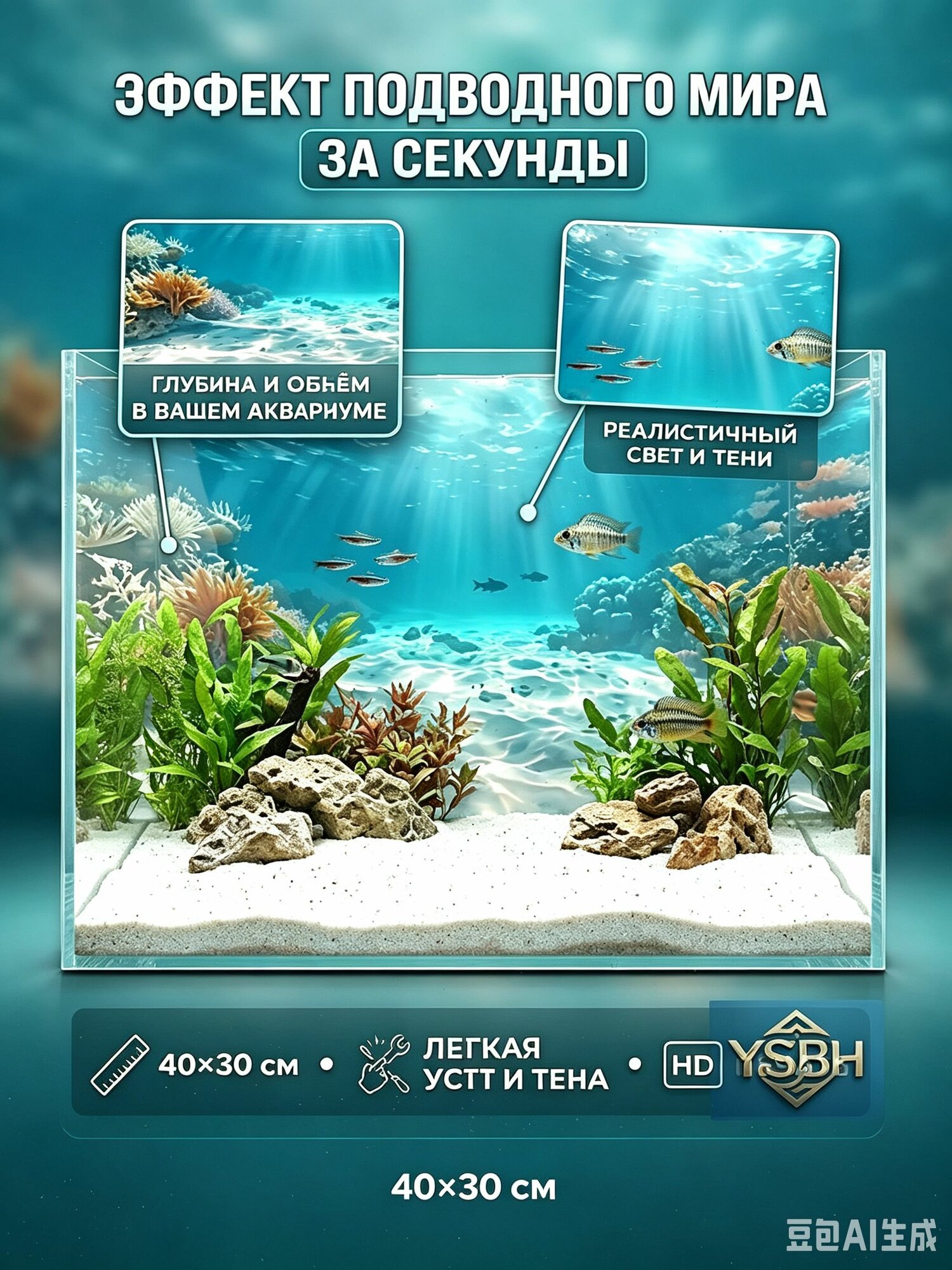 Фон для аквариума подводный мир 60x40 см, декоративная наклейка с морским пейзажем и эффектом глубины-HD постер для задней стенки аквариума, оформление с песком и скалами