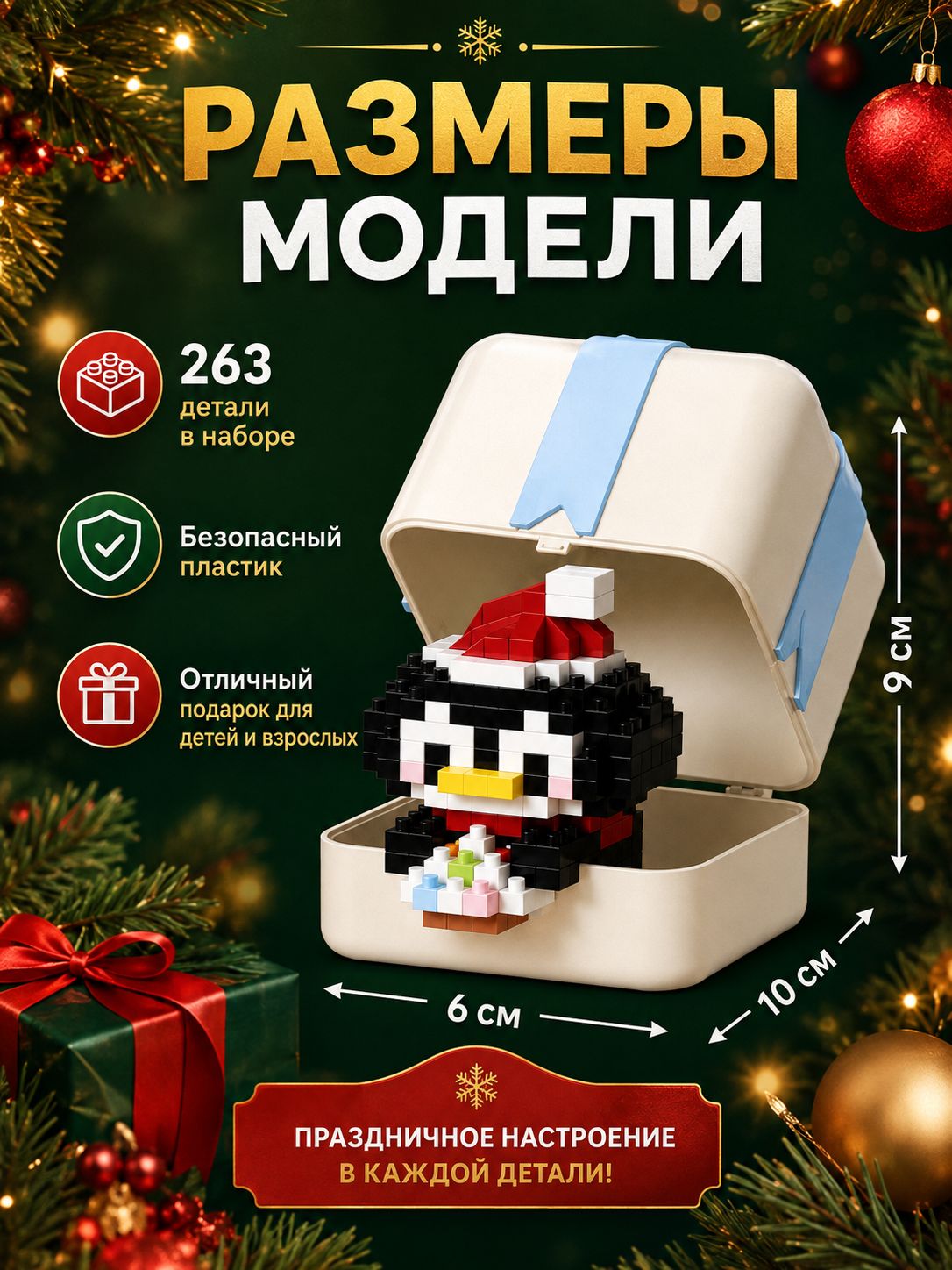Новогодний конструктор Пингвин 263 детали, мини-блоки в подарочной коробке, игрушка на Рождество и Новый год для детей и взрослых