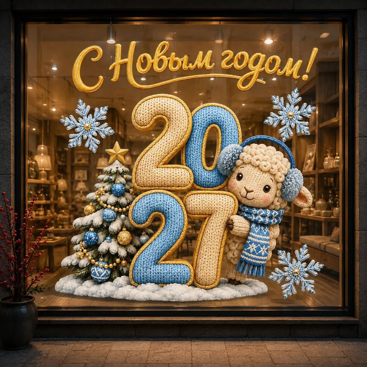 Новинка 2027: Вязаная овечка – статическая наклейка на окно. Новогодние и 20x20cm Style 3