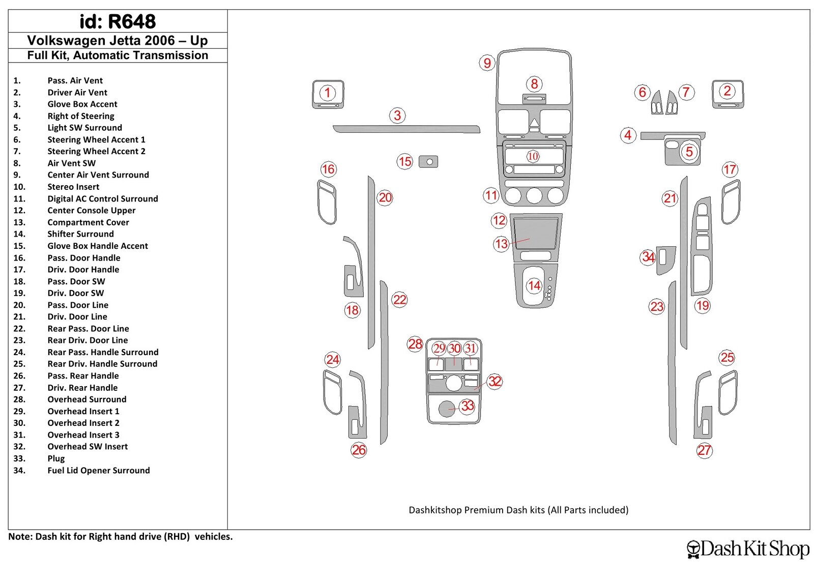 Декоративные накладки салона для Volkswagen Jetta 2006-UP. Комплект R648.
