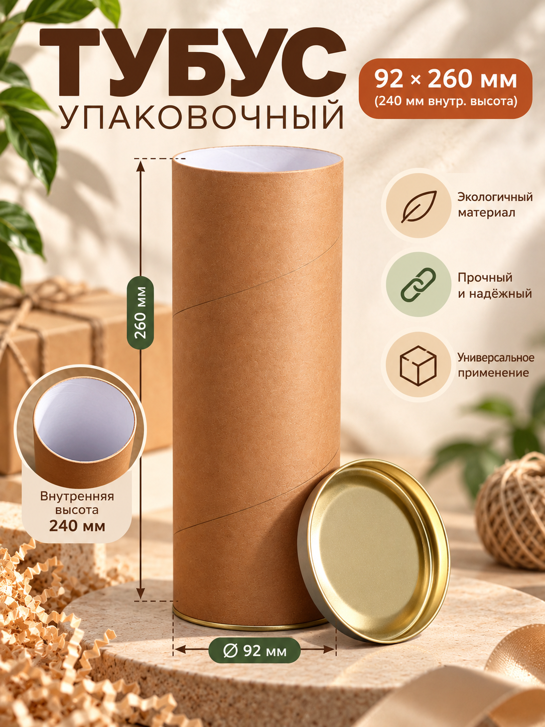 Тубус Upak Land, бежевый, 92 x 260 мм (240 мм внутр. высота)