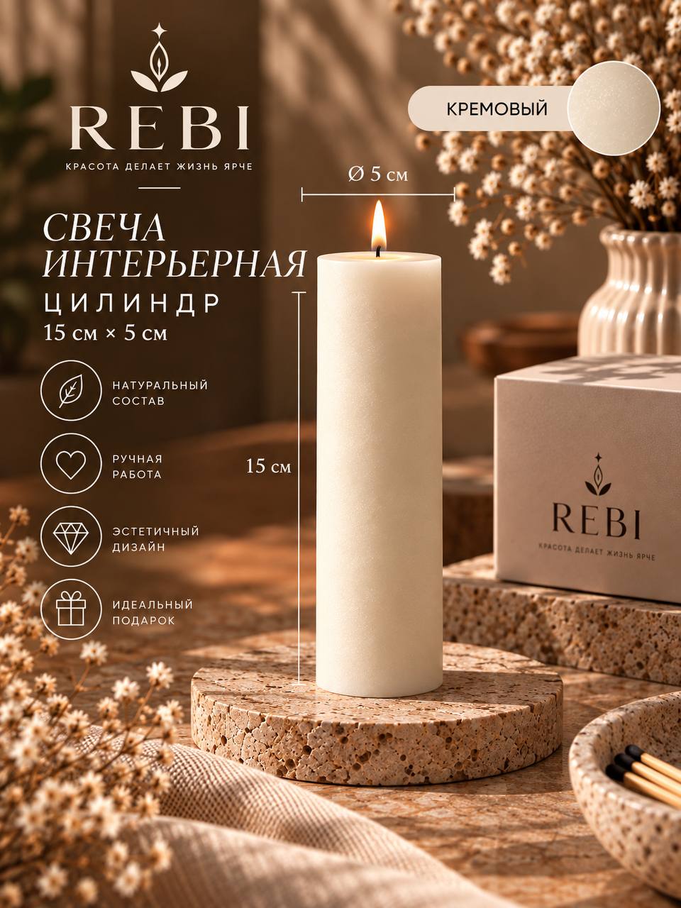 Свеча классическая REBI интерьерная ручной работы, высота 15 см, диаметр 5 см, кремовый