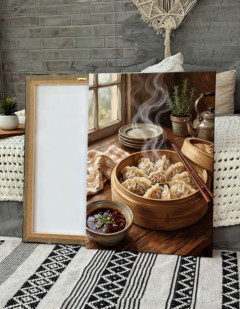 Картина на холсте (паровые пельмени, бамбуковая корзина, палочки, соус, чили, зелень, чайник) 30x40 см. Интерьерная на стену. Украшение в комнату