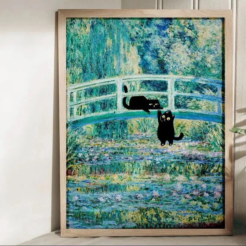Постер с изображением кошки на мосту над прудом с водяными лилиями SHENCHEN 30x40cm No Frame