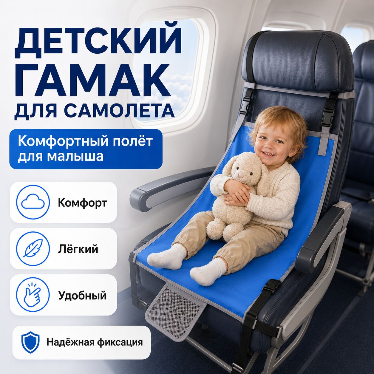 Детское кресло-шезлонг для путешествий, кровать для самолета, голубой