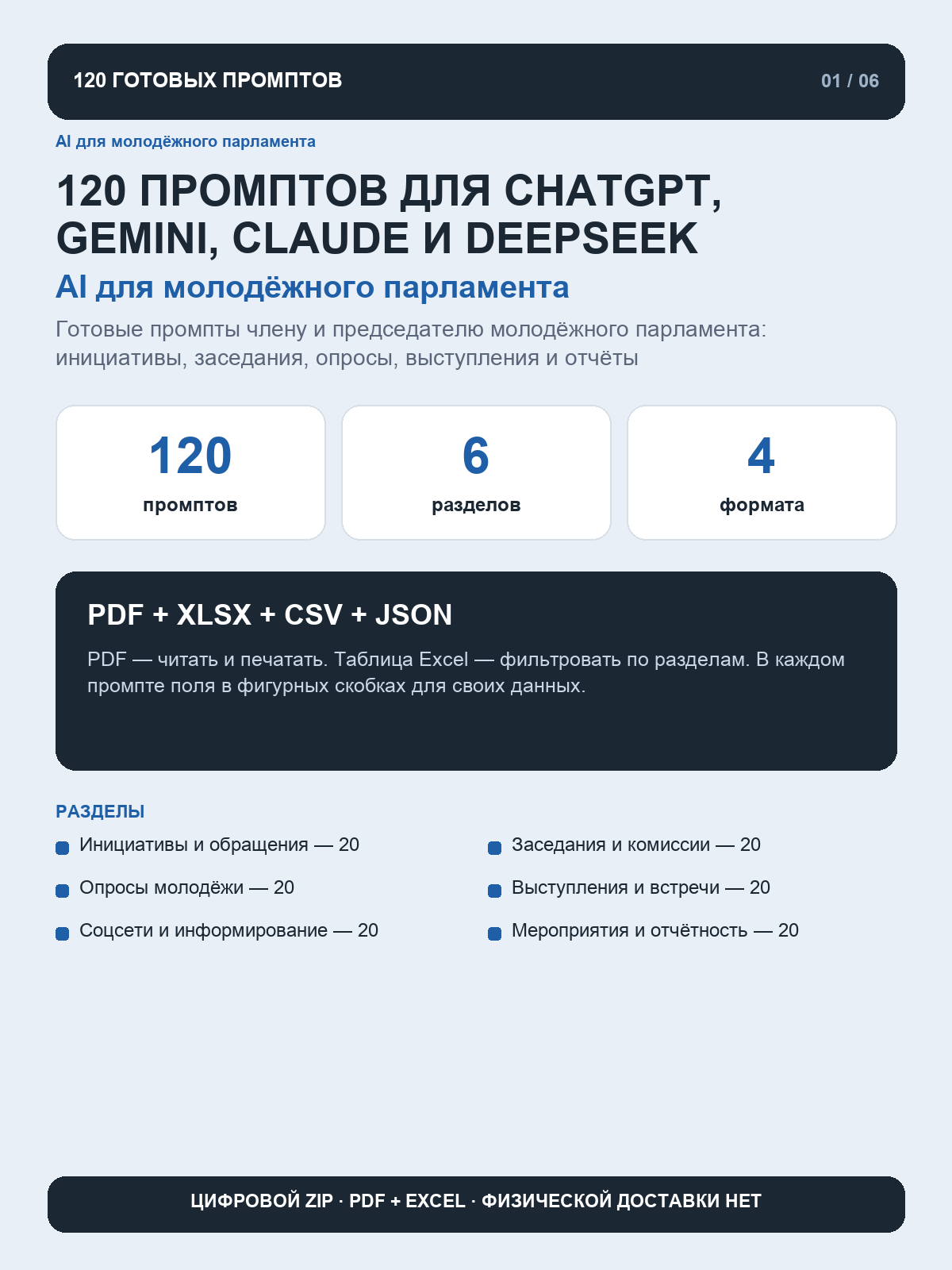 AI для молодёжного парламента: 120 промптов для ChatGPT, Gemini, Claude и DeepSeek, цифровая книга PDF A4