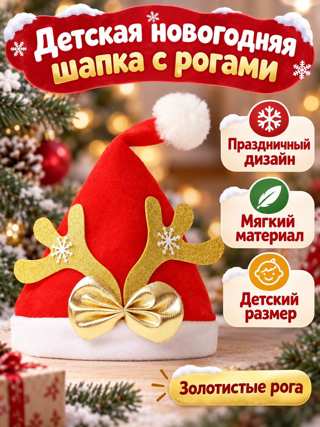 Рождественская шапка для детей с золотыми рогами оленя и бантом, из нетканого материала