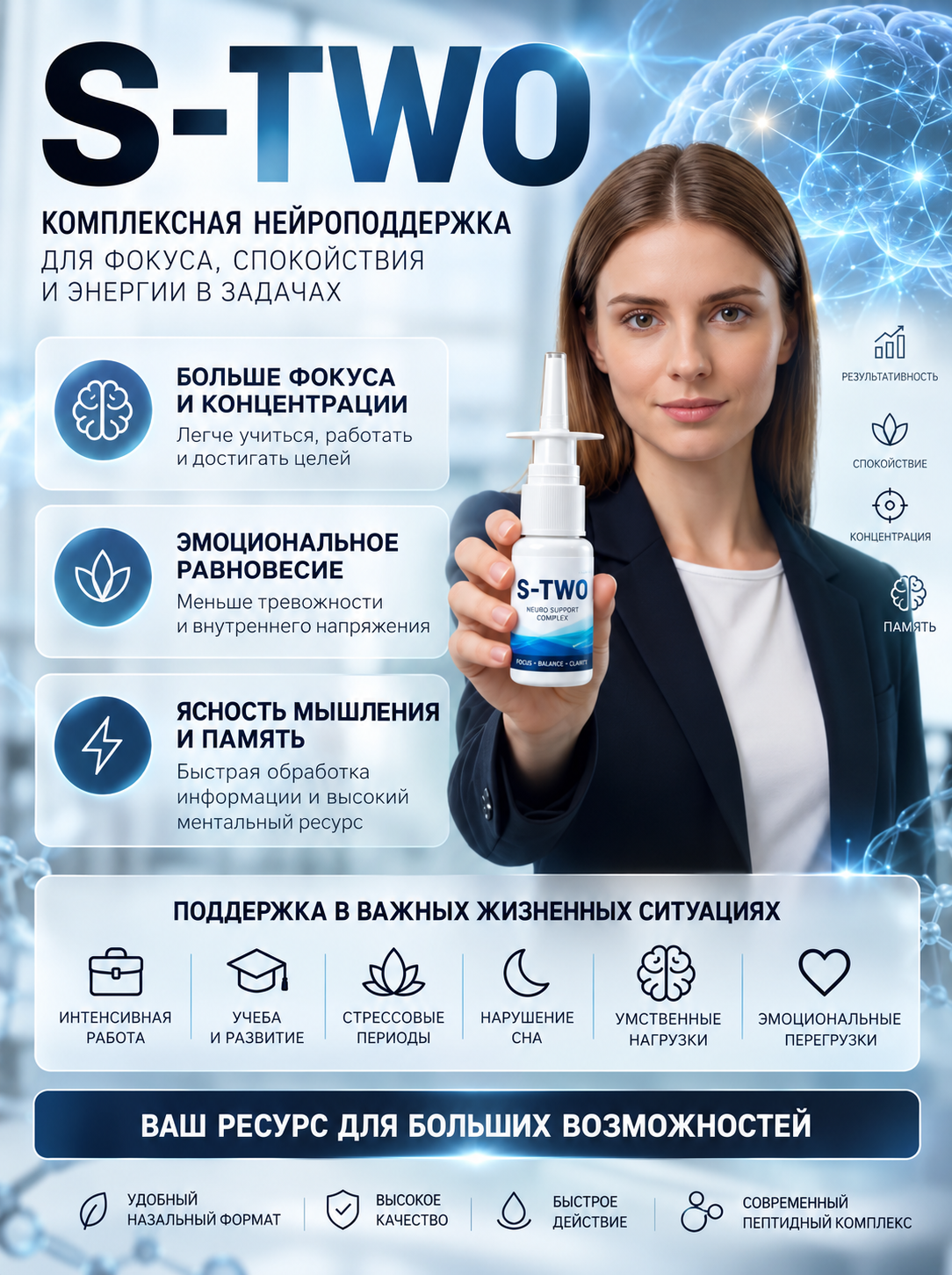 Пищевая добавка S-TWO 20 мг/10 мл для поддержки когнитивных функций, регуляции настроения и стрессоустойчивости