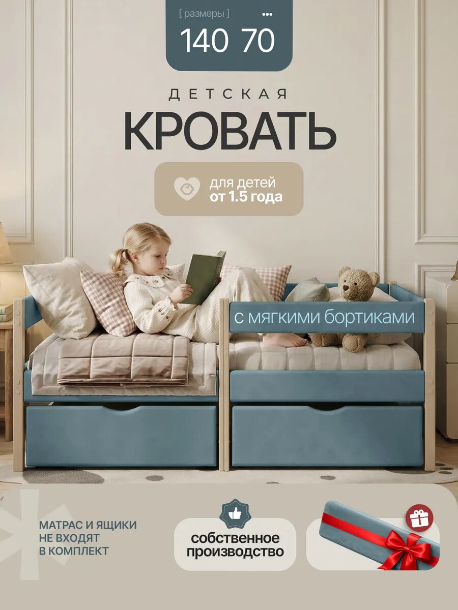 Кровать детская Лосклаб 140/70 с мягкими бортиками, цвет синий