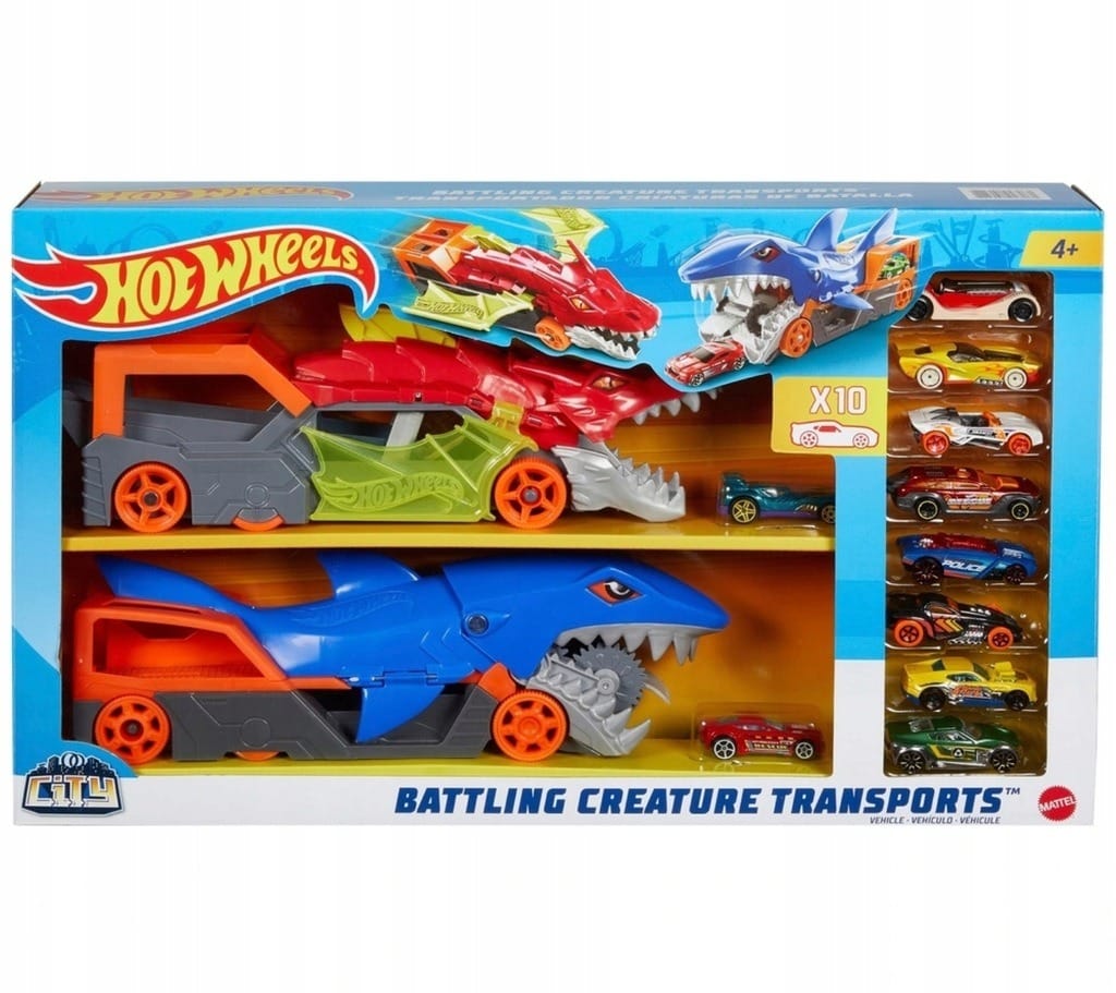 Игрушечная машинка Hot Wheels City Транспортеры Акула и Дракон, 10 машинок в наборе