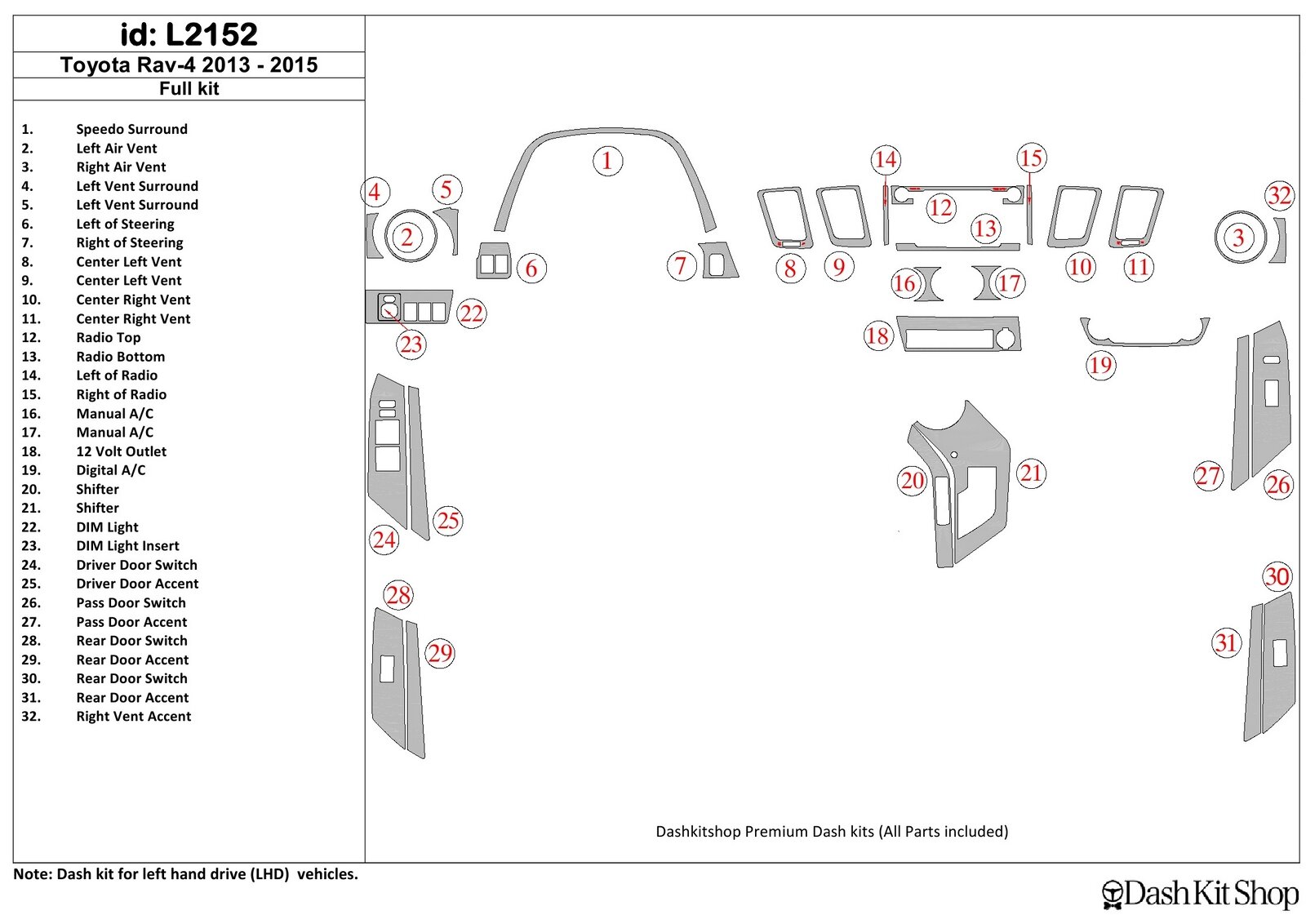 Декоративные накладки салона для Toyota RAV-4 2013-UP. Комплект L2152.
