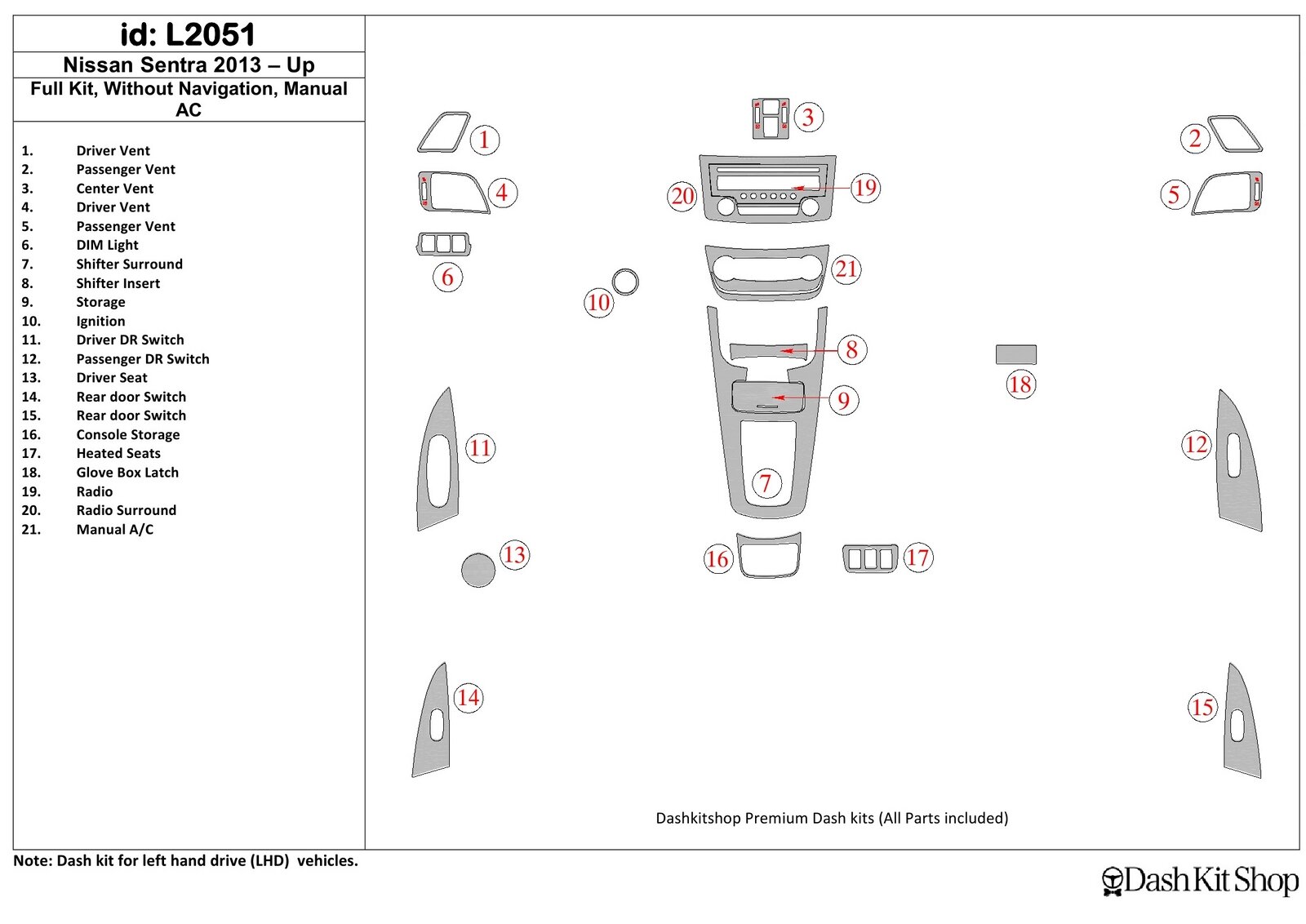 Декоративные накладки салона для Nissan Sentra 2013-UP. Комплект L2051.