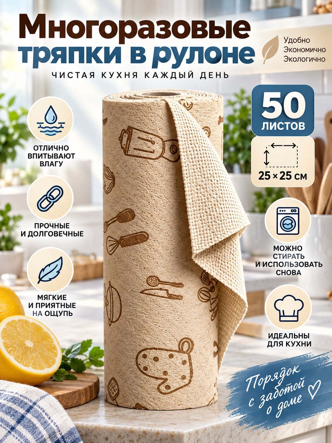 Салфетки для уборки, 50pcs, 25*25 см, 50 шт.