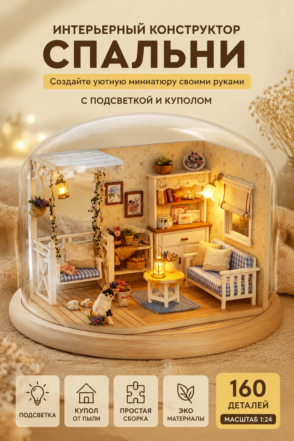 Интерьерный конструктор спальни 1:24 с подсветкой и куполом, 160 деталей
