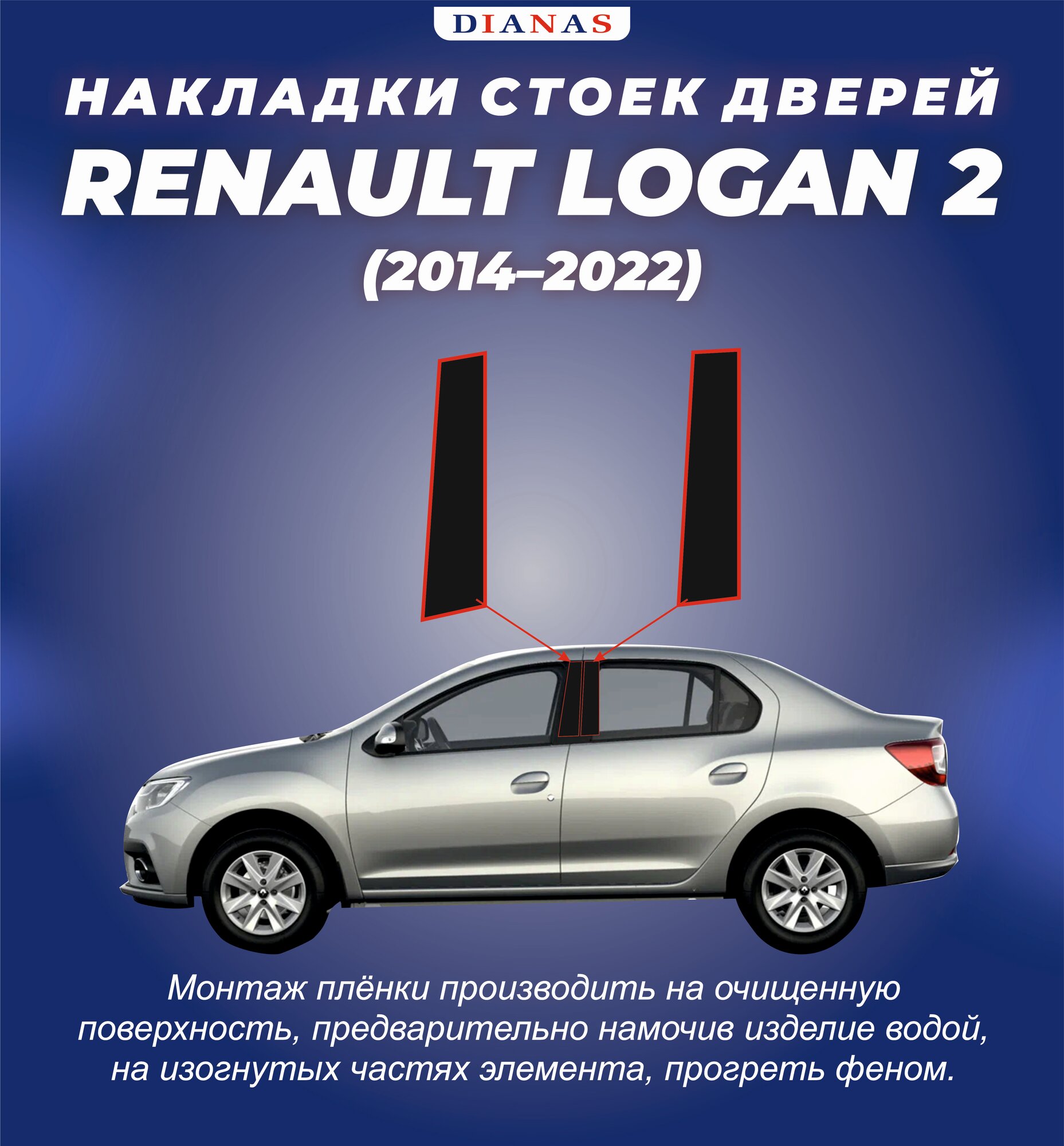 Накладки стоек дверей Reno Logan 2 (2014-2022 г. в) пленка виниловая в комплекте 4 детали