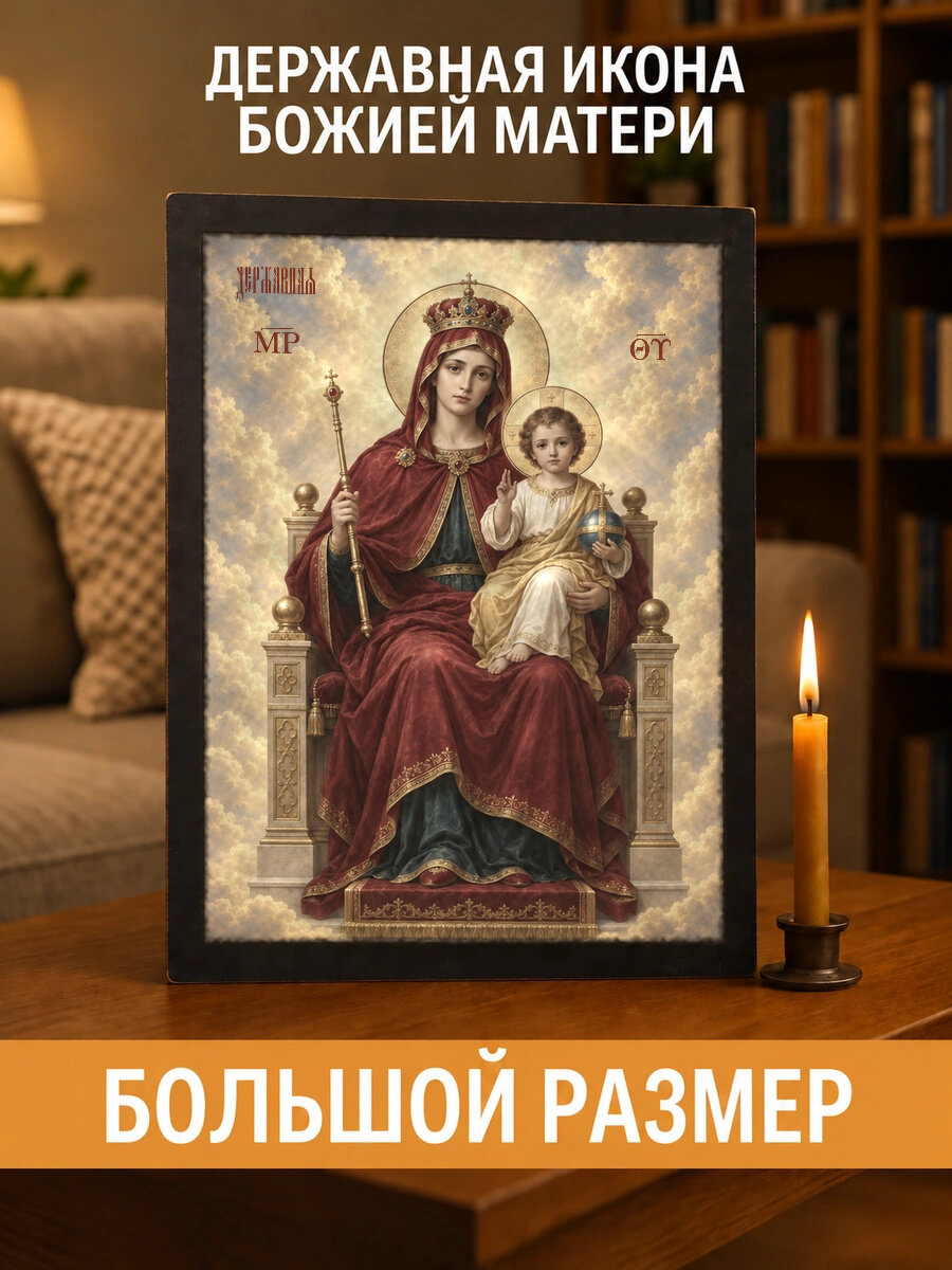Икона «Державная икона Божией Матери» на натуральном дереве, 30×40 см, храмовая живопись, потёртое золото
