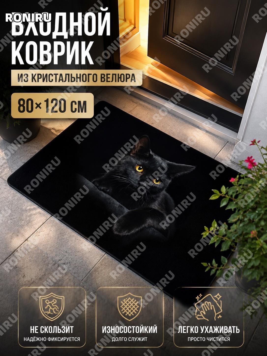 Коврик придверный с котиком SYT-MRM-8 80×120 см, кристальный велюр, мягкий напольный коврик для прихожей и дома!