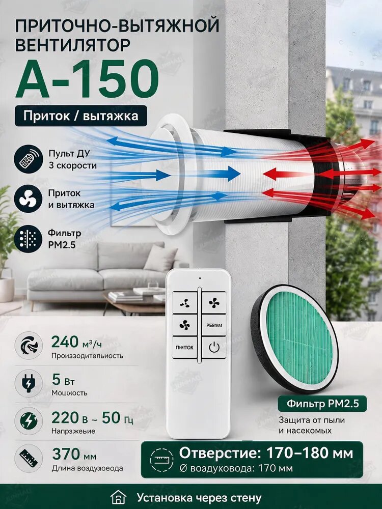 JUNHAO Приточно-вытяжной вентилятор A-100 / A-150 с фильтром PM2.5 Установка через стену Пульт ДУ