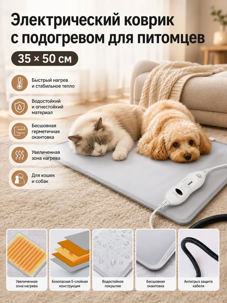 Электрический коврик с подогревом для кошек и собак 35x50 см быстрый нагрев, термостат, таймер, водостойкий и устойчивый к царапинам