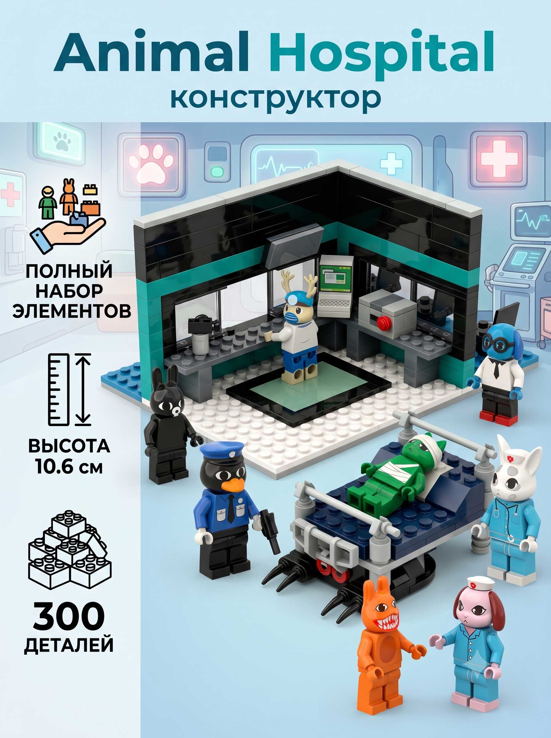 Конструктор Больница для животных (Animal Hospital Anomaly),8 минифигурок,300 деталей