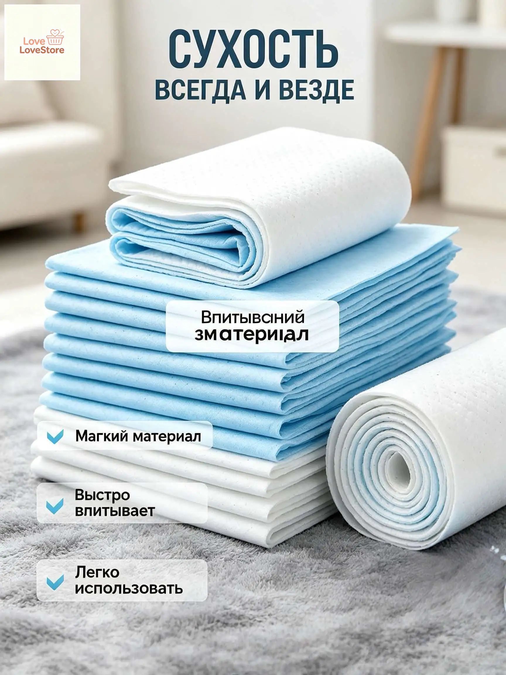 Пеленки впитывающие, гелевые, одноразовые с липким фиксатором 45x60 50 шт. для животных, собак и кошек пеленки