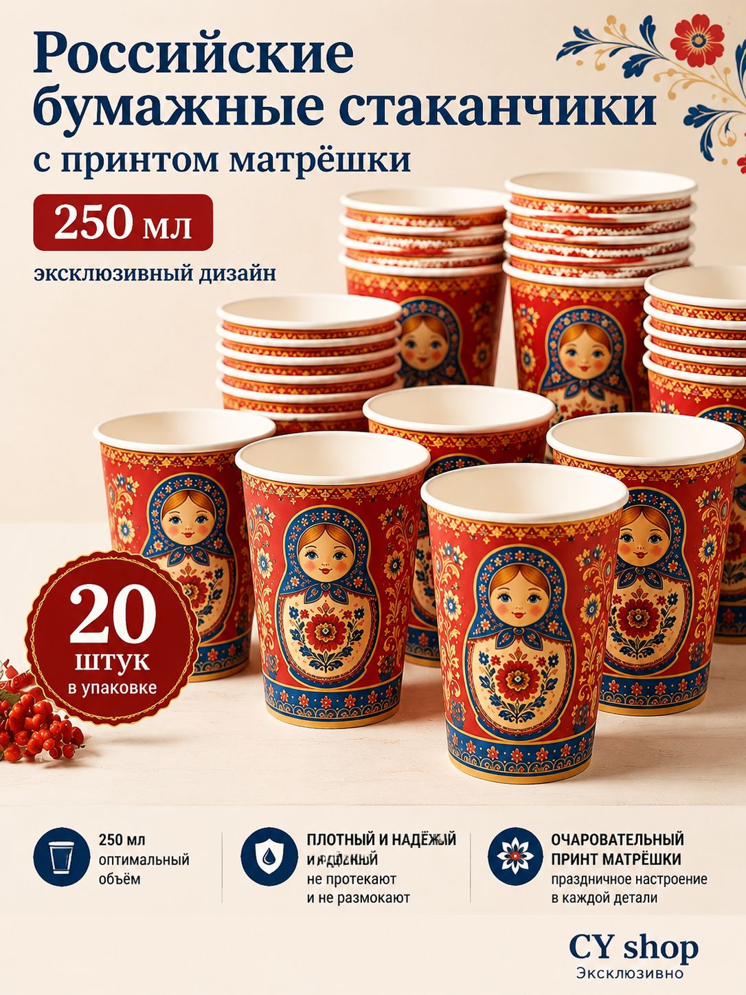 Стаканы одноразовые бумажные 250 мл с рисунком матрёшка, праздничные бумажные стаканчики для дома и мероприятий