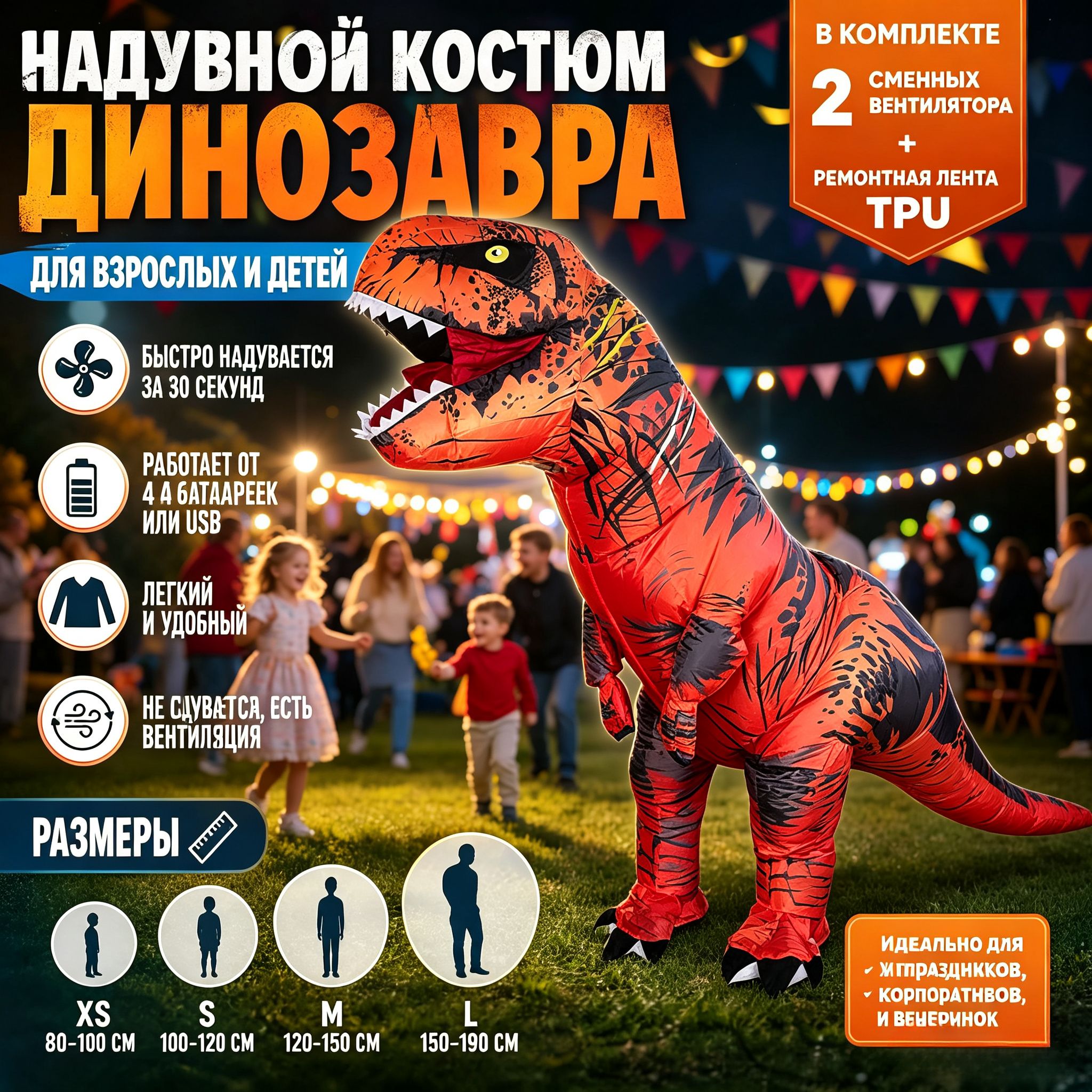 Надувной костюм Ти-Рекс для взрослых и детей, динозавр на Хэллоуин, запасной вентилятор и TPU-пластырь