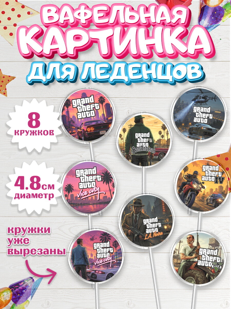 Вафельная картинка для леденцов на торт GTA 6 ГТА 6 ребёнку в день рождения