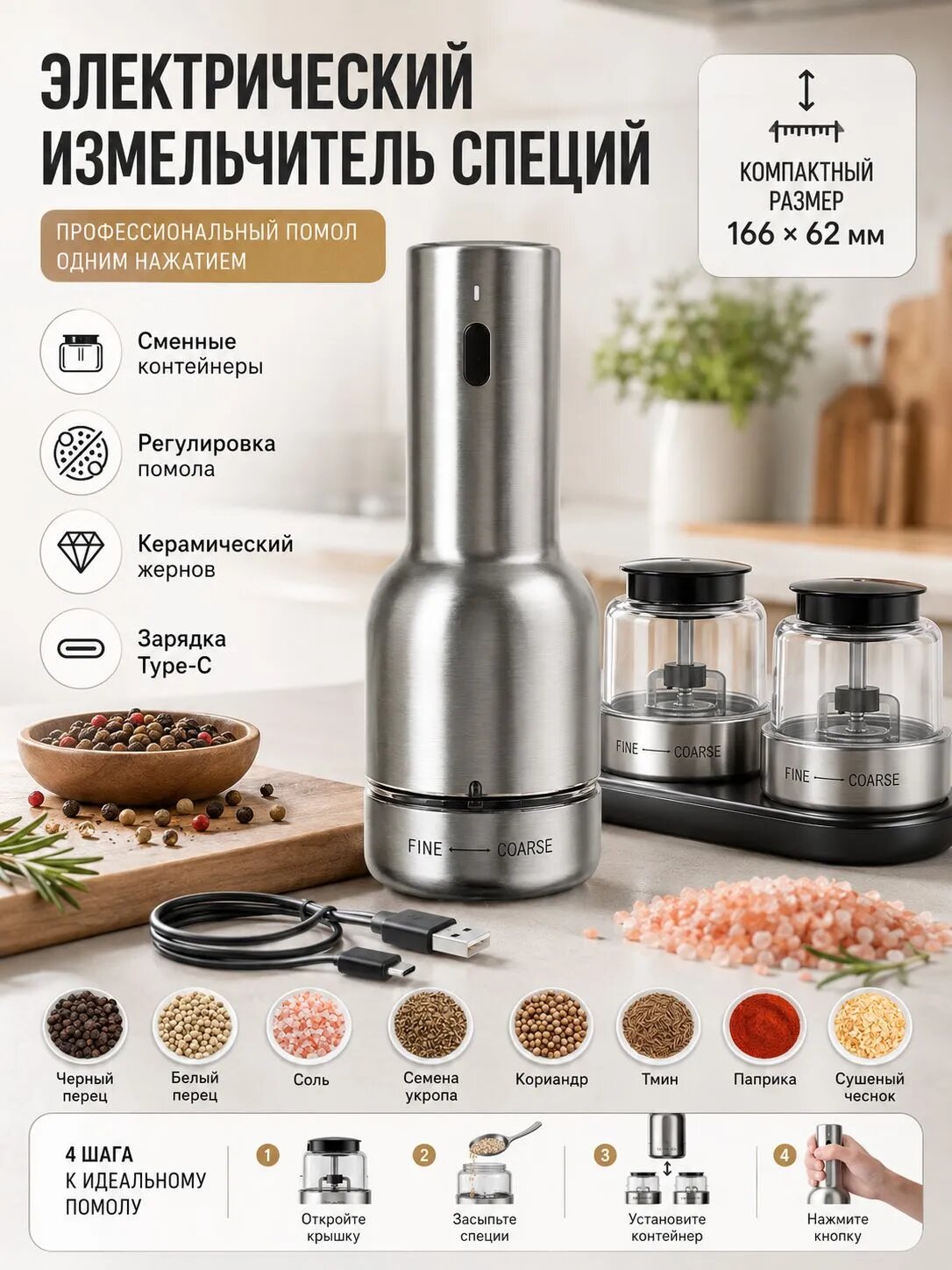 Мельница для специй 16 см 1 шт нержавеющая сталь, стекло черный