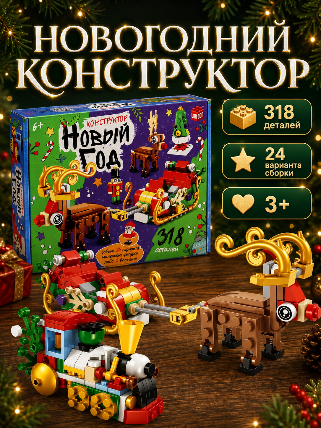 Конструктор "Новый год", 12 в 1, пластик, 318 дктвлкй, UNICON