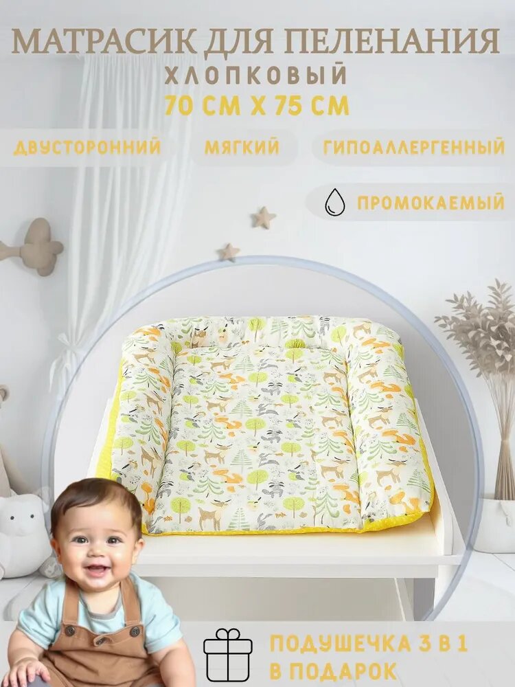 Матрас пеленальный для комода двухсторонний хлопковый с бортиками 70х75, горох/зверята
