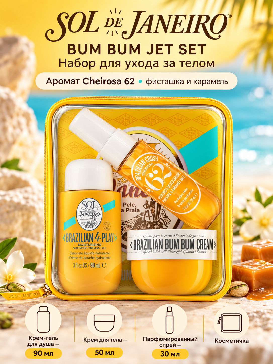 Набор для тела Sol de Janeiro Bum Bum Jet Set: гель 90 мл, крем 50 мл, спрей 30 мл, косметичка