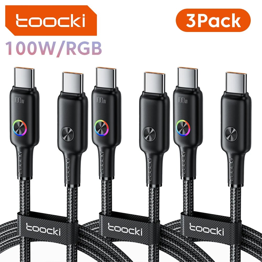 Кабель Toocki USB-C 3-в-1, 100 Вт, с RGB-подсветкой, для быстрой зарядки Type-C на Type-C, для 1.8m