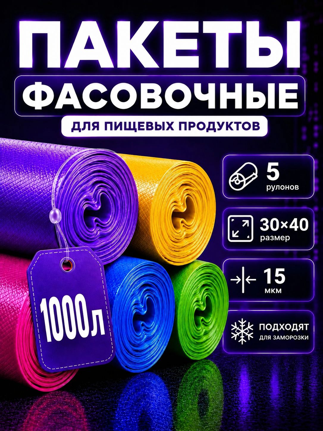 Пакеты фасовочные 30х40 см, 5 шт, 15 мкм