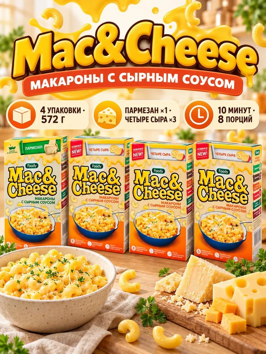 Макароны Mac&Cheese Пармезан, 4 сыра ×3 набор 4 шт 572 г, срок годности 306 дней