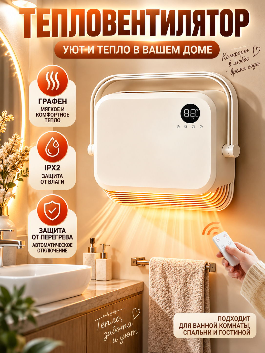 Тепловой вентилятор настенный поворотный регулятор, мягкий графеновый нагрев, степень защиты IPX2, безопасная работа в