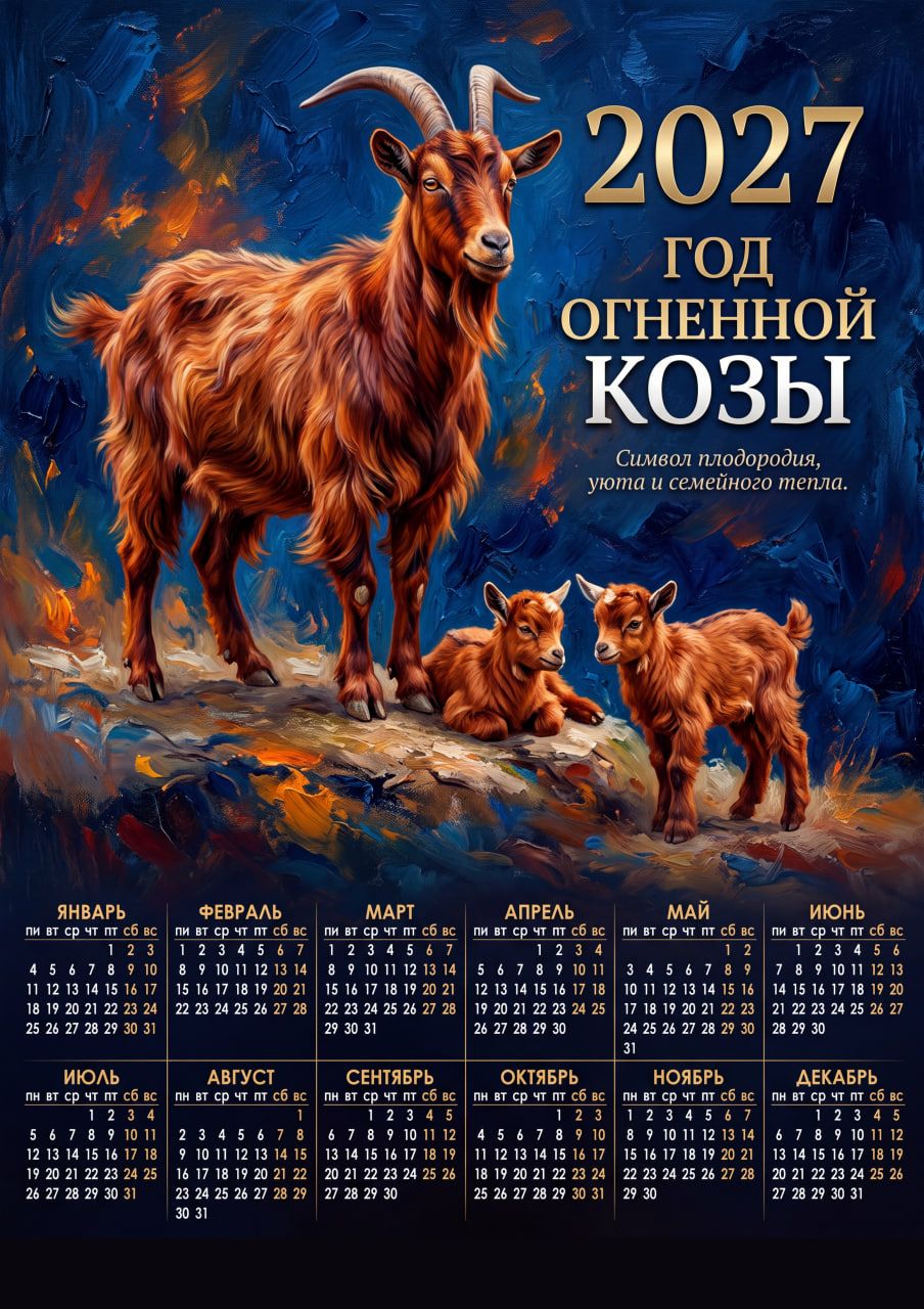 Календарь настенный 2027 год - А2 - "Год Козы" - синий фон