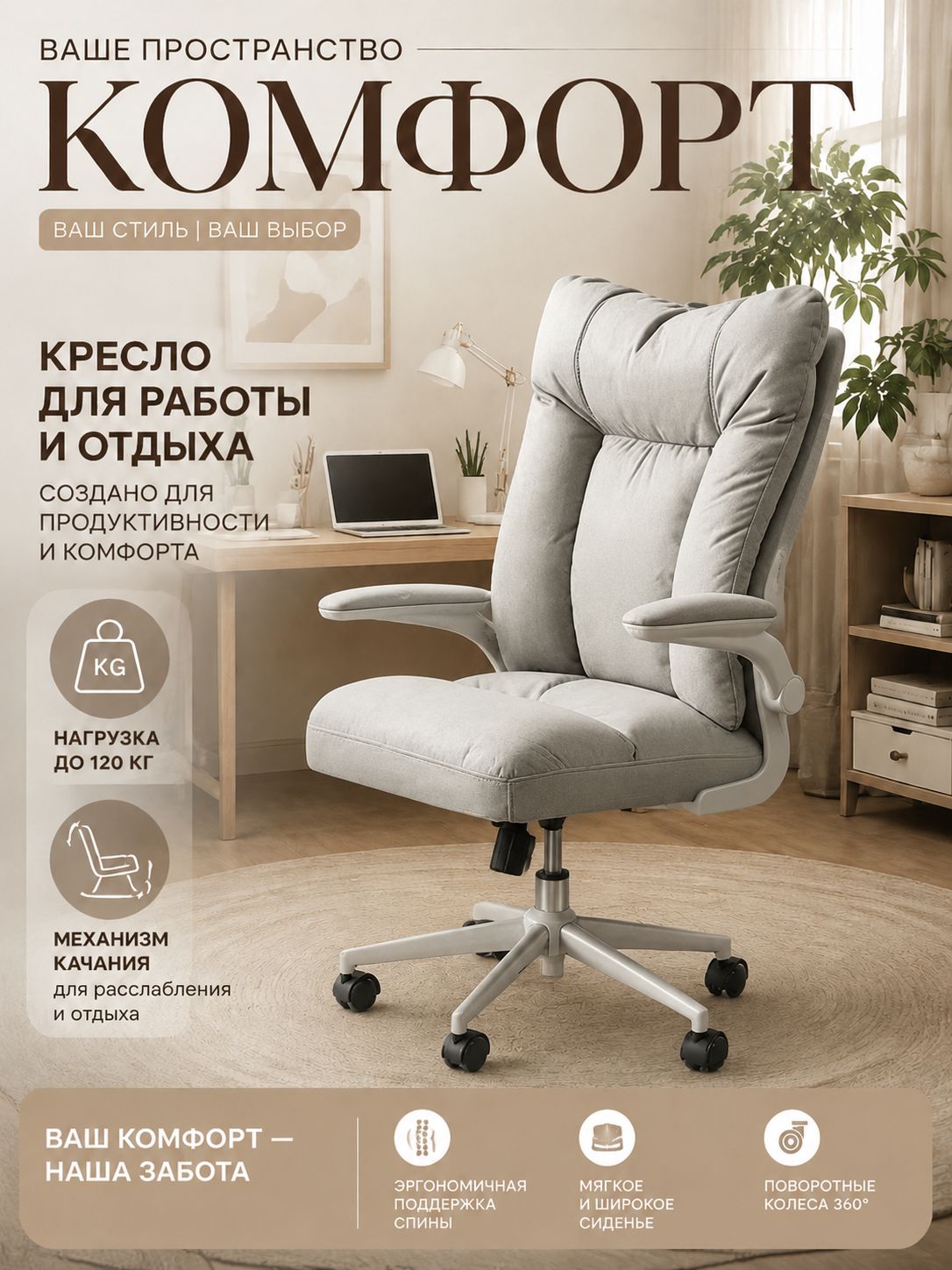 Офисное кресло, Светло‑серый, Это универсальное компьютерное кресло сочетает комфорт