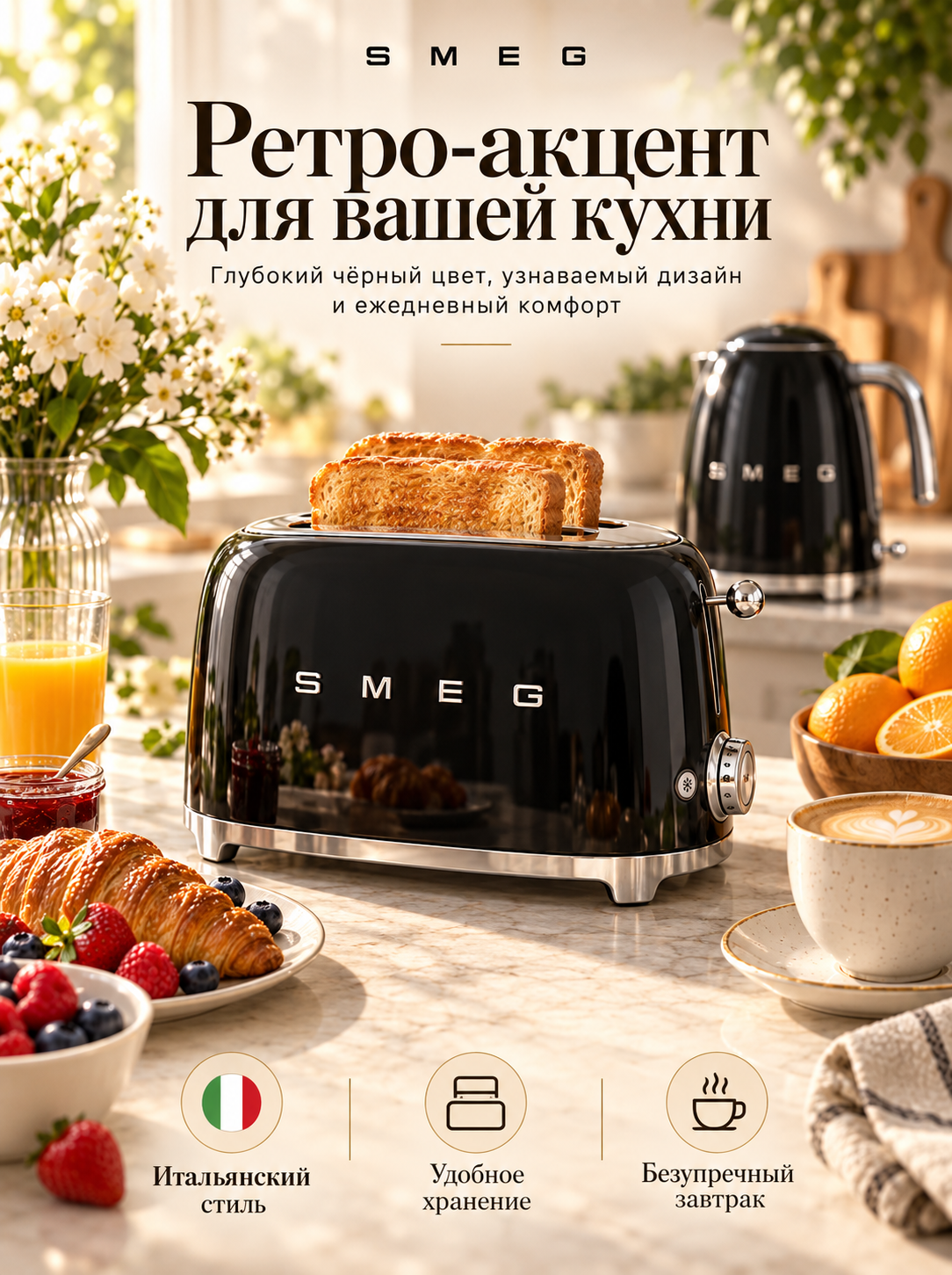 Тостер для хлеба с поддоном SMEG, 2 ломтика, тостер для хлеба с поддоном для крошек, тостер ретро, тостер для сэндвичей