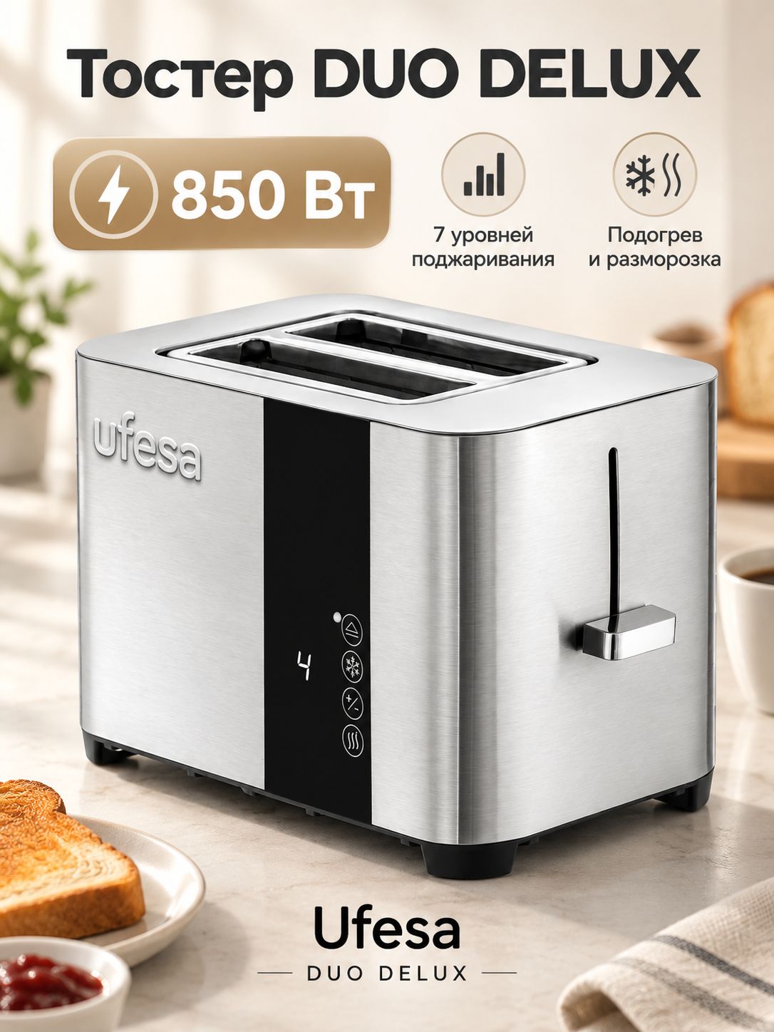 Ufesa Тостер DUO DELUX 850 Вт тостов - 2, серебристый